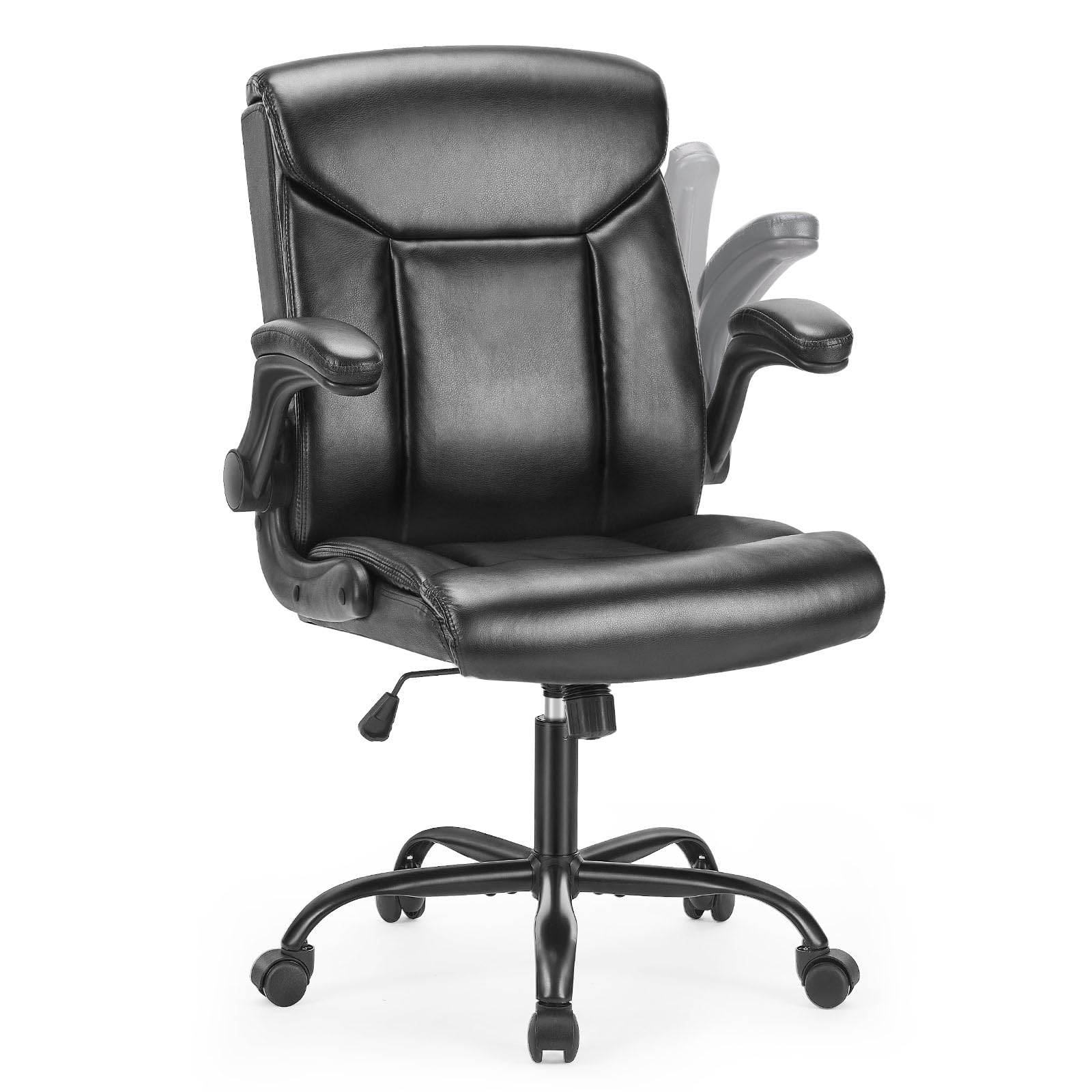 Sweetcrispy Ergonomic Executive Office Chair: Height Adjustable PU Leather Office Chair Flip-up Arms Mid Back Desk Chair with Wheels Computer Chair with Lumbar Support, Black