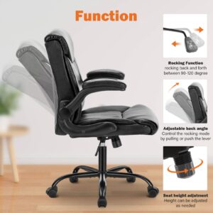 Sweetcrispy Ergonomic Executive Office Chair: Height Adjustable PU Leather Office Chair Flip-up Arms Mid Back Desk Chair with Wheels Computer Chair with Lumbar Support, Black