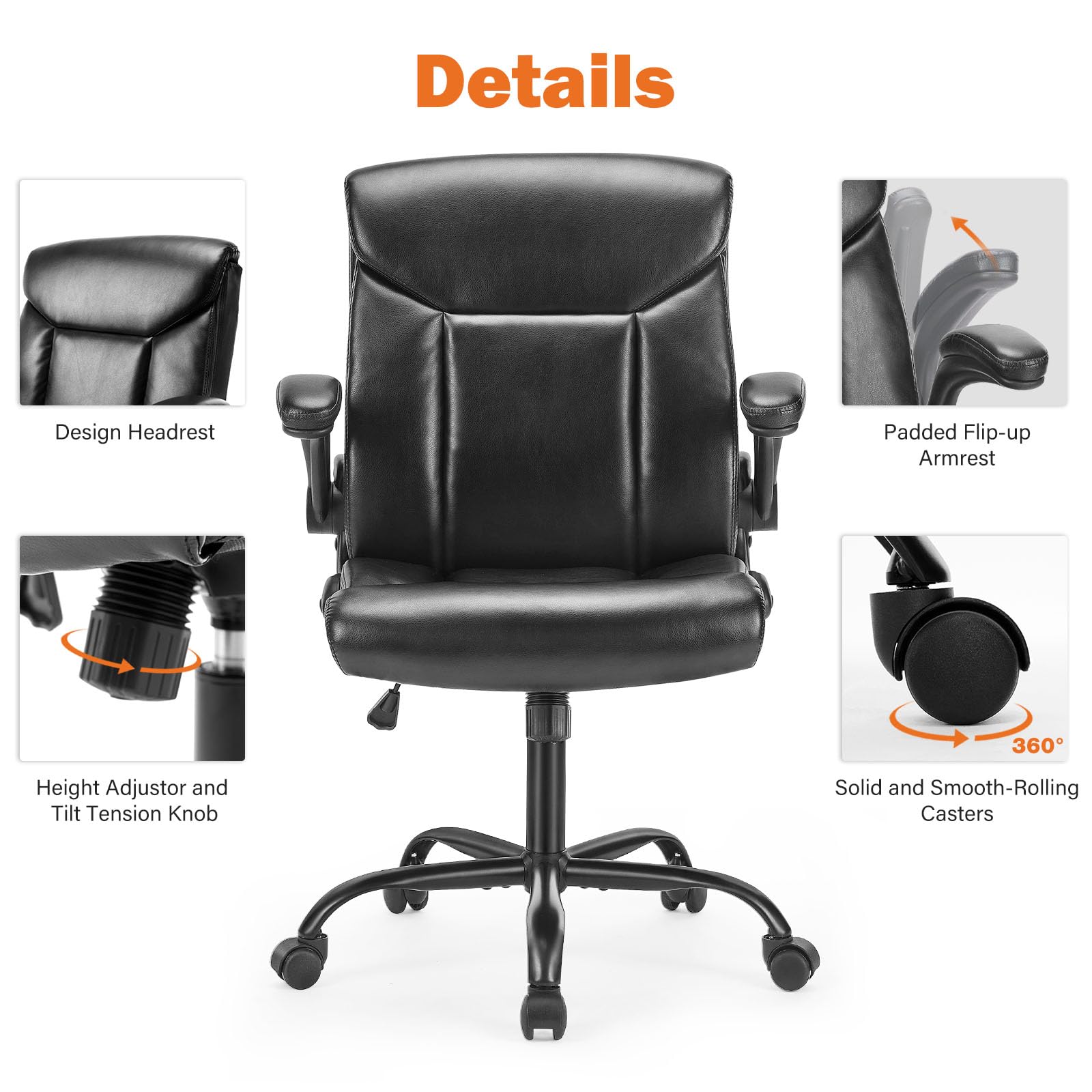 Sweetcrispy Ergonomic Executive Office Chair: Height Adjustable PU Leather Office Chair Flip-up Arms Mid Back Desk Chair with Wheels Computer Chair with Lumbar Support, Black