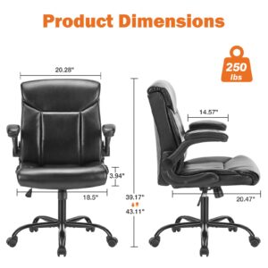 Sweetcrispy Ergonomic Executive Office Chair: Height Adjustable PU Leather Office Chair Flip-up Arms Mid Back Desk Chair with Wheels Computer Chair with Lumbar Support, Black