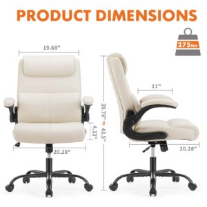 Sweetcrispy Ergonomic Executive Office Chair: Mid Back Desk Chair with Wheels Computer Chair with Lumbar Support Height Adjustable PU Leather Office Chair Flip up Arms, Beige White