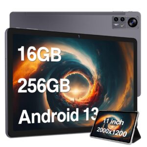 2024 newest 11 inch tablet android 13 tablets 16gb ram 256gb rom 1tb expand, 2k 2000 x 1200 display, octa-core, 13mp triple camera, 8600mah, quad speakers, 5g/2.4g wifi, gps,bluetooth,with case -grey