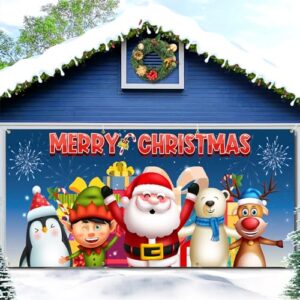 christmas garage door banner 16 x 7 ft, merry christmas holiday garage door decorations cover santa's reindeer garage door murals large backdrop background for photo christmas party outdoor banner