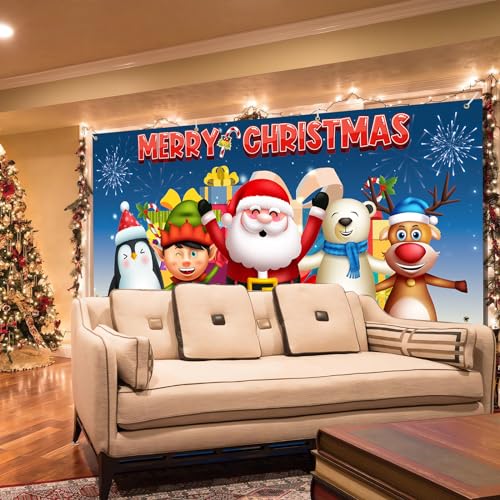 Christmas Garage Door Banner 16 x 7 ft, Merry Christmas Holiday Garage Door Decorations Cover Santa's Reindeer Garage Door Murals Large Backdrop Background for Photo Christmas Party Outdoor Banner