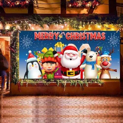 Christmas Garage Door Banner 16 x 7 ft, Merry Christmas Holiday Garage Door Decorations Cover Santa's Reindeer Garage Door Murals Large Backdrop Background for Photo Christmas Party Outdoor Banner