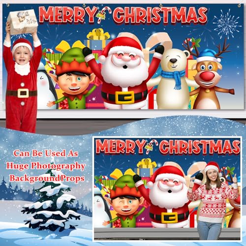 Christmas Garage Door Banner 16 x 7 ft, Merry Christmas Holiday Garage Door Decorations Cover Santa's Reindeer Garage Door Murals Large Backdrop Background for Photo Christmas Party Outdoor Banner