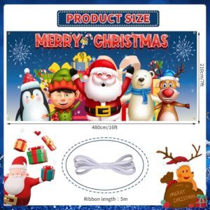 Christmas Garage Door Banner 16 x 7 ft, Merry Christmas Holiday Garage Door Decorations Cover Santa's Reindeer Garage Door Murals Large Backdrop Background for Photo Christmas Party Outdoor Banner