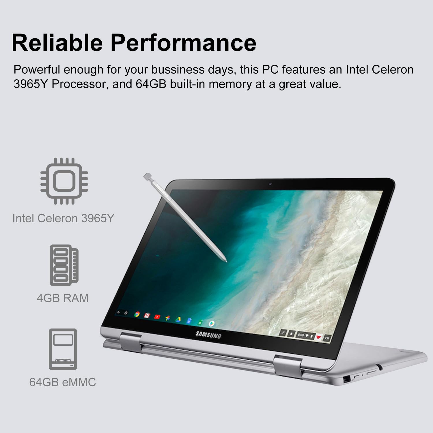 SAMSUNG Chromebook Plus 12.2" Touchscreen FHD+ 2-in-1 Laptop Computer, Intel Celeron 3965Y Processor, 4GB RAM, 64GB eMMC, WiFi, Bluetooth, Stealth Silver, Digital Pen, Chrome OS