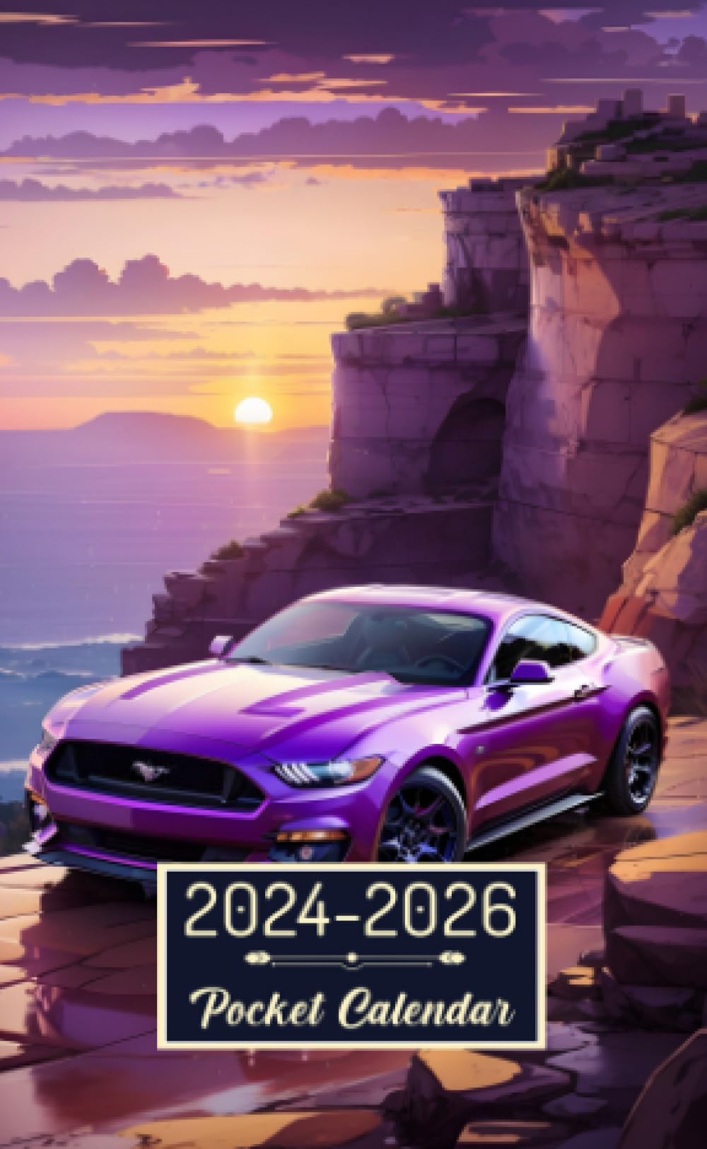 Pocket Calendar 2024-2026: Two-Year Monthly Planner for Purse , 36 Months from January 2024 to December 2026 | Ford Mustang | Cliff sunset cartoon style