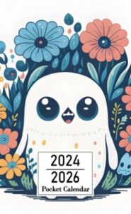 pocket calendar 2024-2026: two-year monthly planner for purse , 36 months from january 2024 to december 2026 | retro ghost clipart | cute ghost with flowers