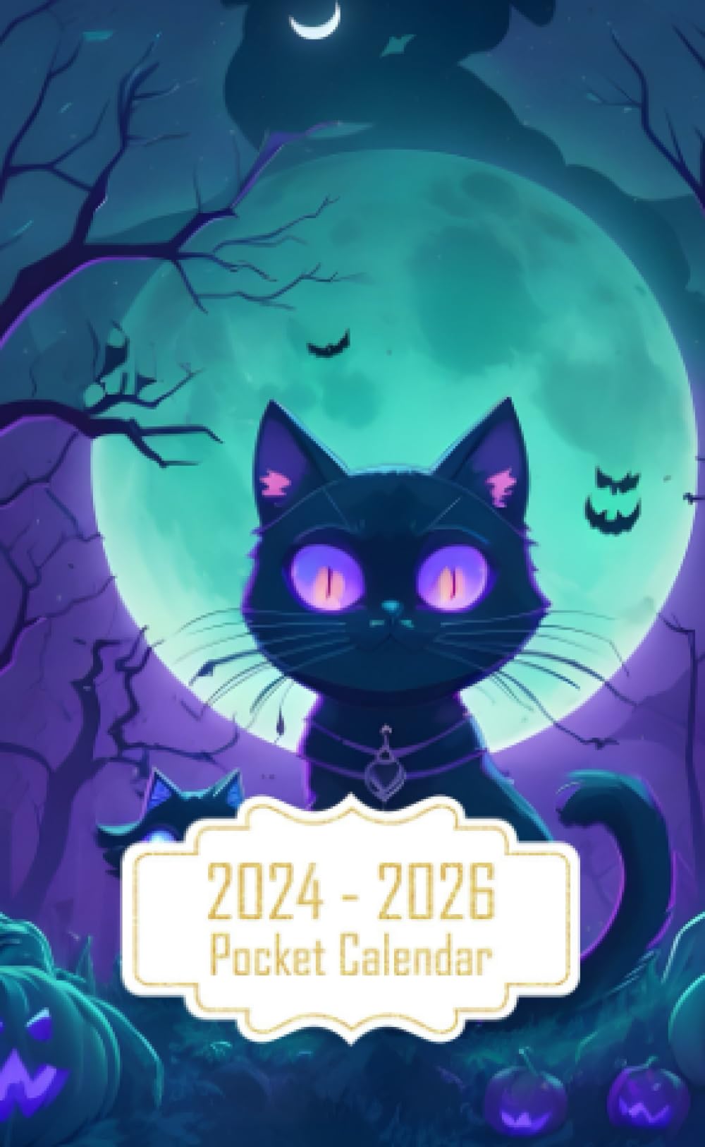 Pocket Calendar 2024-2026: Two-Year Monthly Planner for Purse , 36 Months from January 2024 to December 2026 | Cute black cat | Blue eyes | Cute witch ... and purple lights | Fantasy | Deep forest