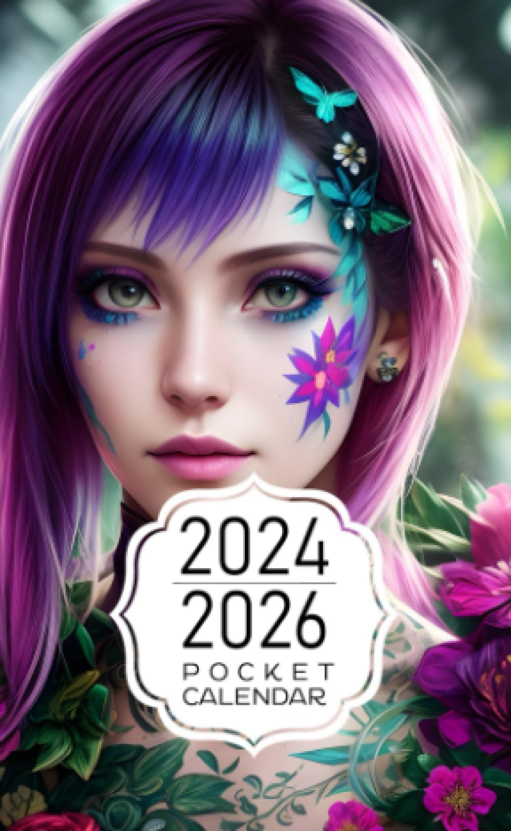 Pocket Calendar 2024-2026: Two-Year Monthly Planner for Purse , 36 Months from January 2024 to December 2026 | Cyberpunk Floral face paint fairy | ... room | Woman in her 20s | Detailed hairstyle