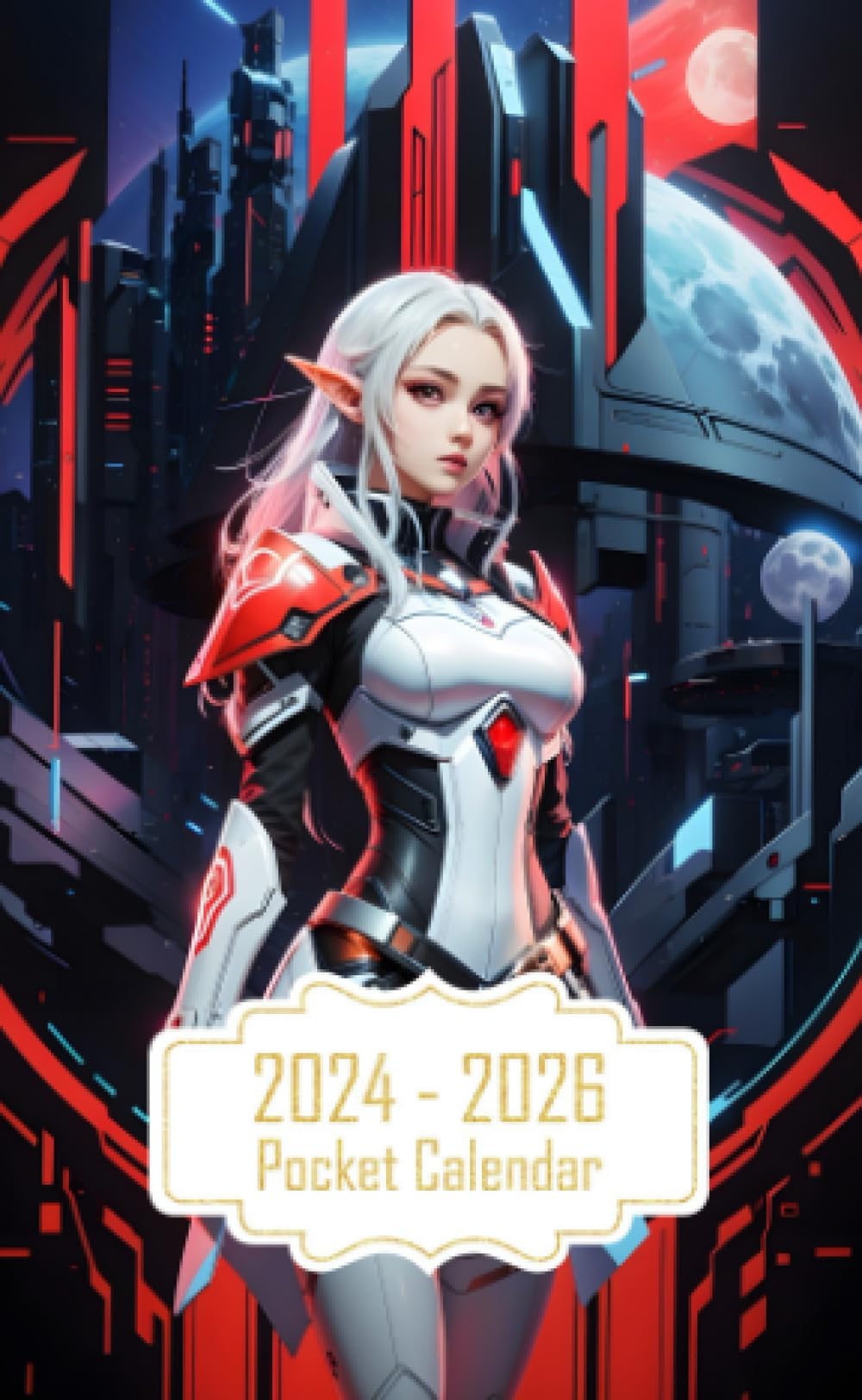 Pocket Calendar 2024-2026: Two-Year Monthly Planner for Purse , 36 Months from January 2024 to December 2026 | Fantasy character logo | Enchanting female elf | Cyberpunk buildings