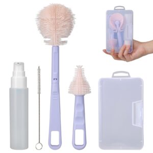 baby bottle brush, voowo portable travel bottle cleaner kit, silicone baby bottle cleaner brush set with baby bottle brush for cleaning, nipple brush, straw cleaner, bottle soap dispenser (purple)