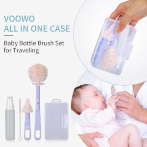 Baby Bottle Brush, VOOWO Portable Travel Bottle Cleaner Kit, Silicone Baby Bottle Cleaner Brush Set with Baby Bottle Brush for Cleaning, Nipple Brush, Straw Cleaner, Bottle Soap Dispenser (Purple)