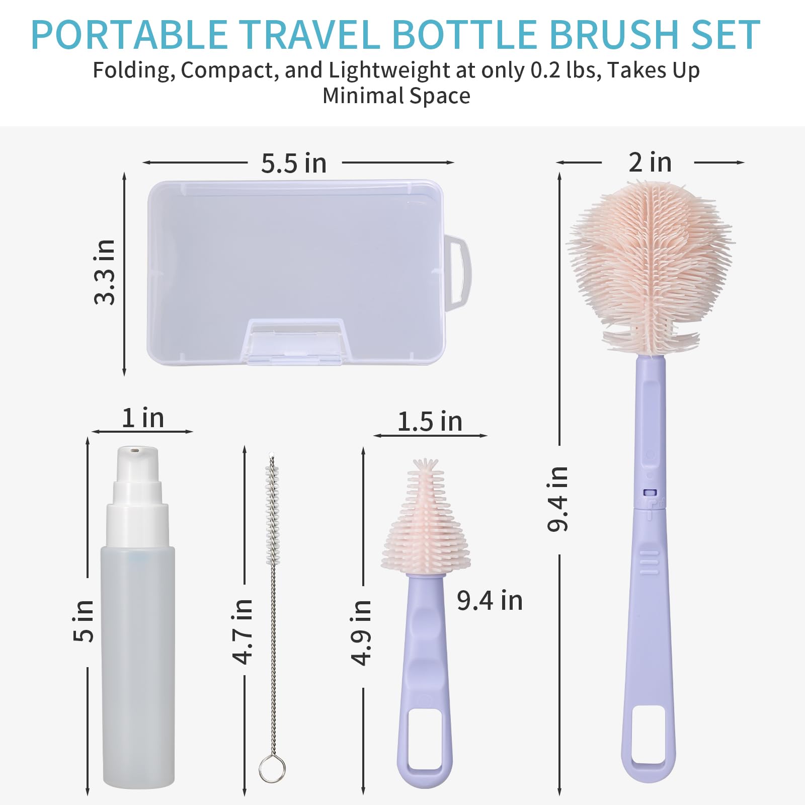 Baby Bottle Brush, VOOWO Portable Travel Bottle Cleaner Kit, Silicone Baby Bottle Cleaner Brush Set with Baby Bottle Brush for Cleaning, Nipple Brush, Straw Cleaner, Bottle Soap Dispenser (Purple)