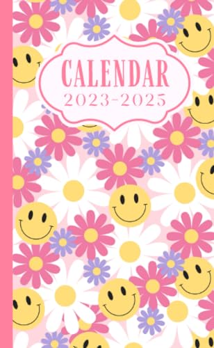 Retro Pink Smiley Face and Flowers Pocket Calendar 2023-2025 for Purse: Small Size Monthly Pocket Planner for Purse - From September 2023 to December ... - Important Dates / Password Keeper / Notes