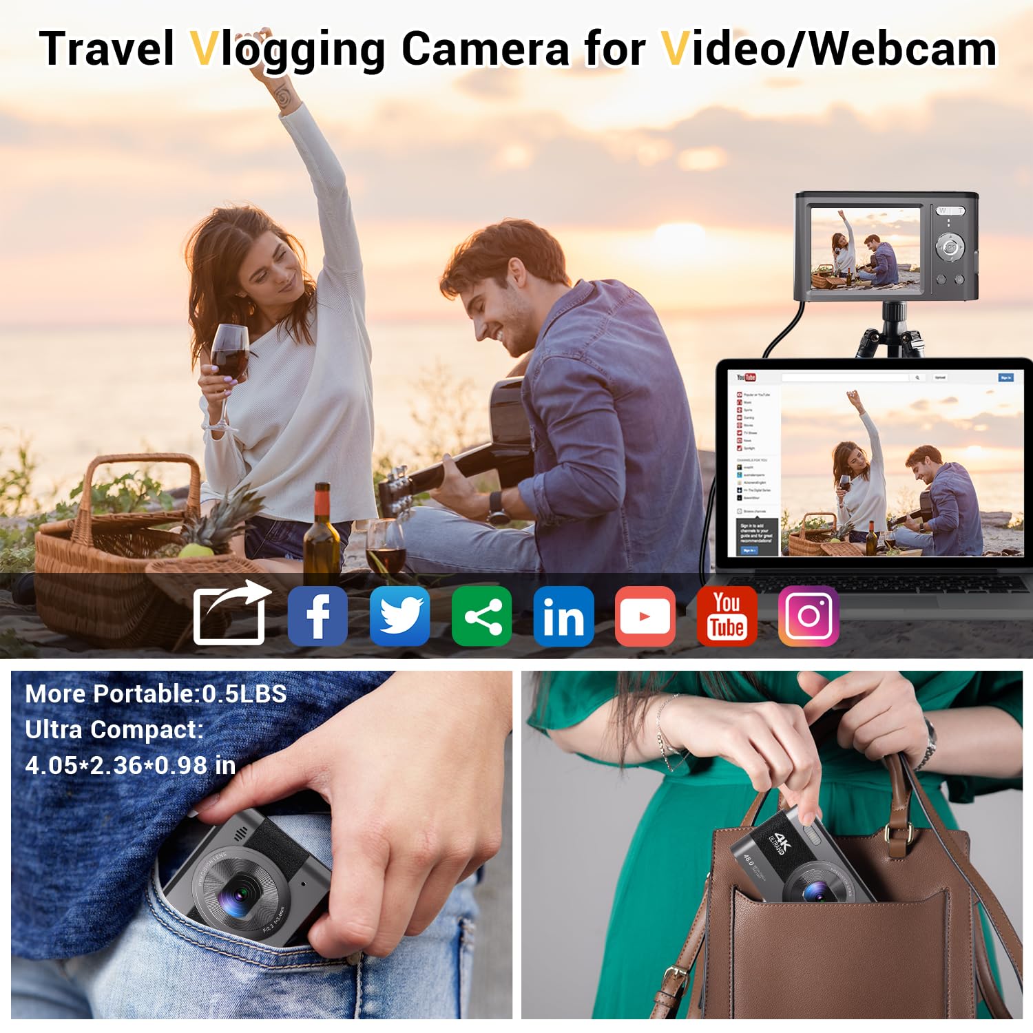 4K Digital Camera, 48MP Vlogging Camera for Photography YouTube Compact Travel Camera with Flash,18X Digital Zoom, Anti Shake 32G SD Card and 2 Batteries