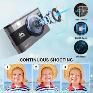 4K Digital Camera, 48MP Vlogging Camera for Photography YouTube Compact Travel Camera with Flash,18X Digital Zoom, Anti Shake 32G SD Card and 2 Batteries