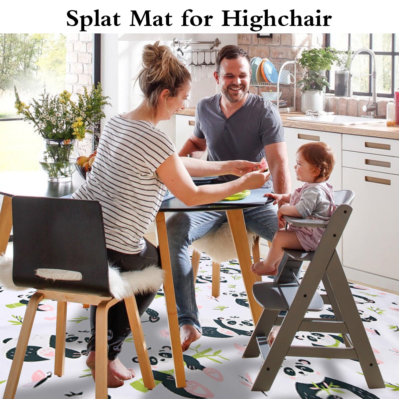 ChicMoments 59'' Huge Toddlers' Highchair Splat Mat, Panda Non-Slip Baby Place Mat, Kids' Leakproof Splash Spill Floor Mat with 2 Rolls Bamboo Clean Cloth (59 * 59‘’/150 * 150cm, Panda)