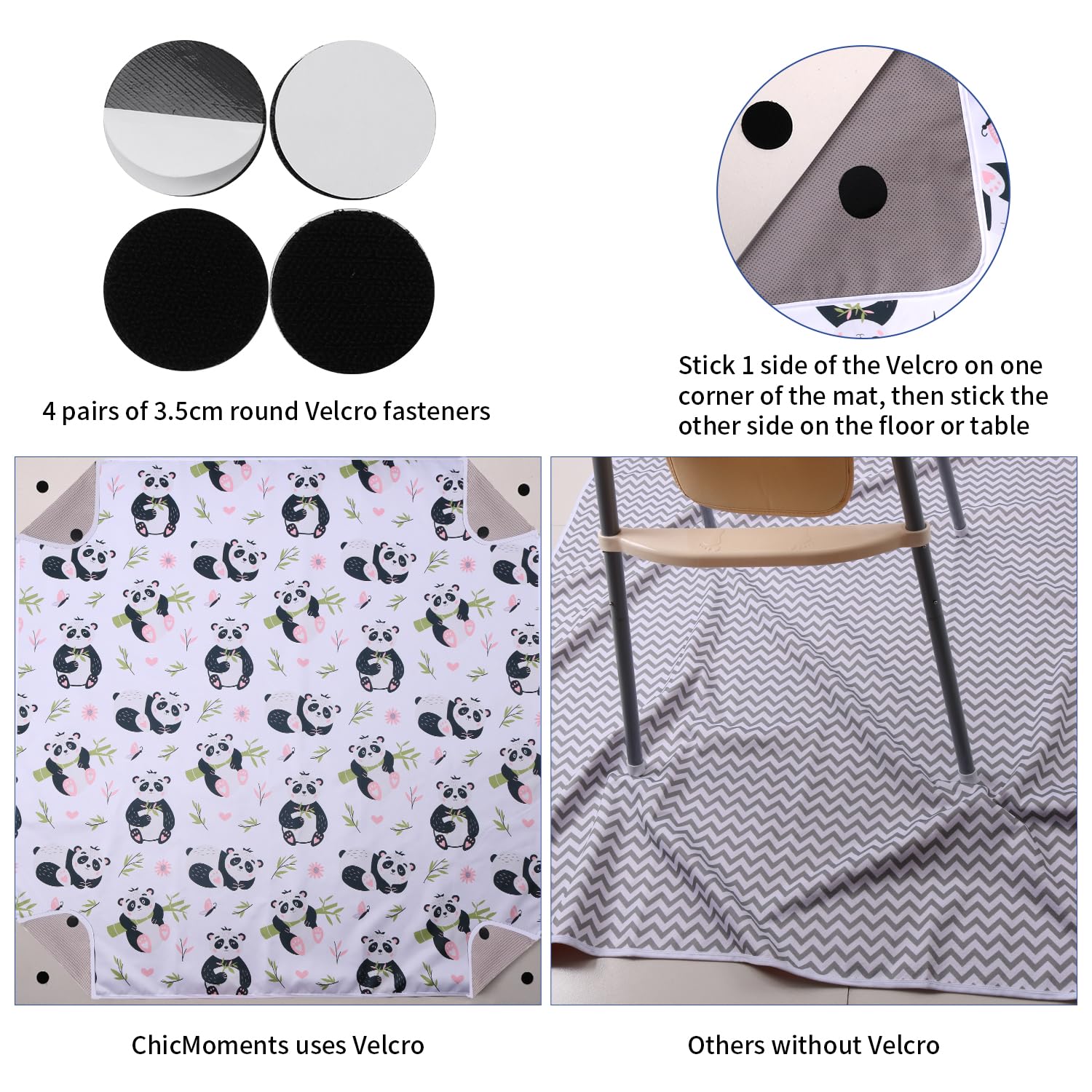 ChicMoments 59'' Huge Toddlers' Highchair Splat Mat, Panda Non-Slip Baby Place Mat, Kids' Leakproof Splash Spill Floor Mat with 2 Rolls Bamboo Clean Cloth (59 * 59‘’/150 * 150cm, Panda)