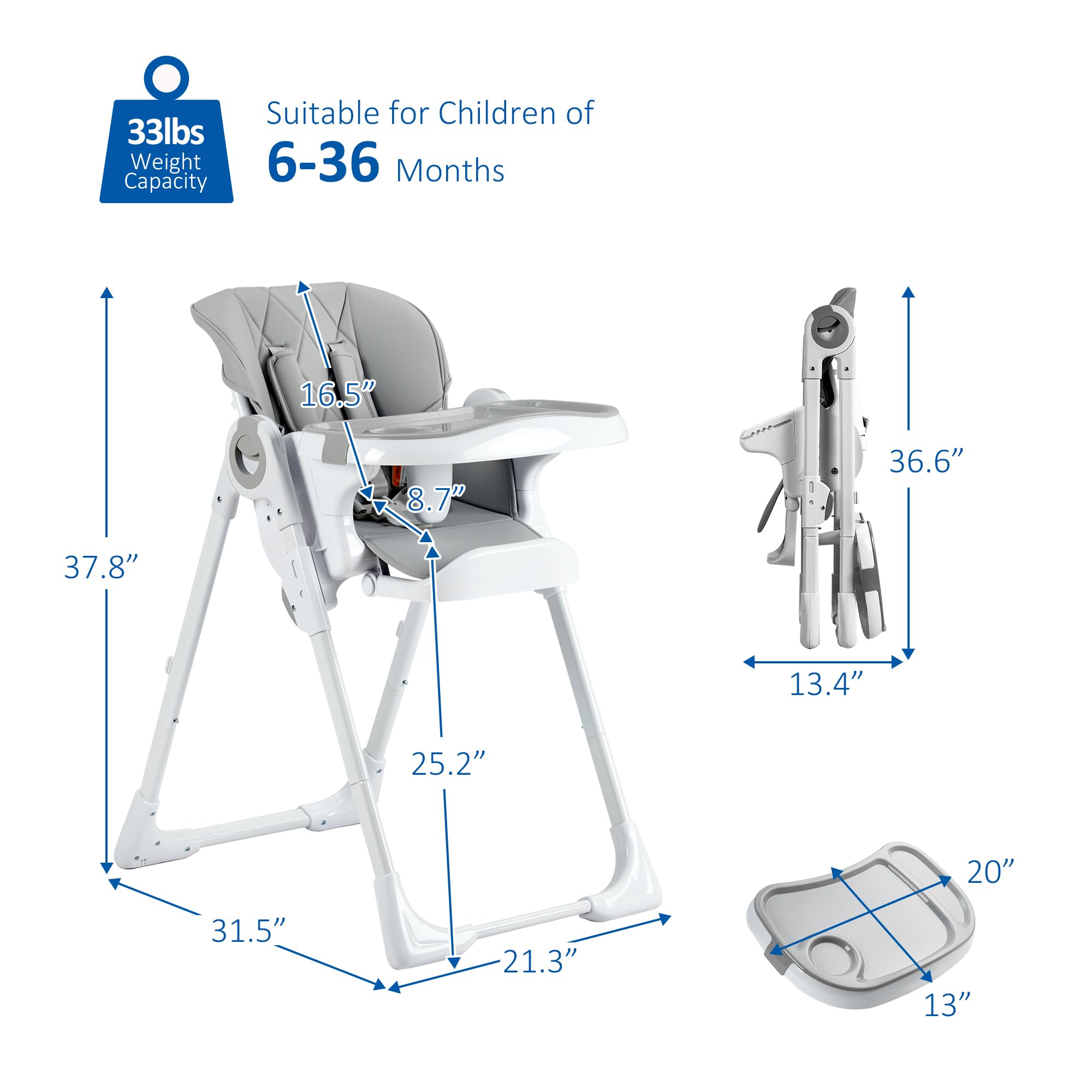 GAOMON Baby High Chair, Multifunctional Infant Highhairs with Adjustable Height and Recline, Foldable High Chair for Babies & Toddlers, High Chair with Removable Tray Easy Clean (Grey)