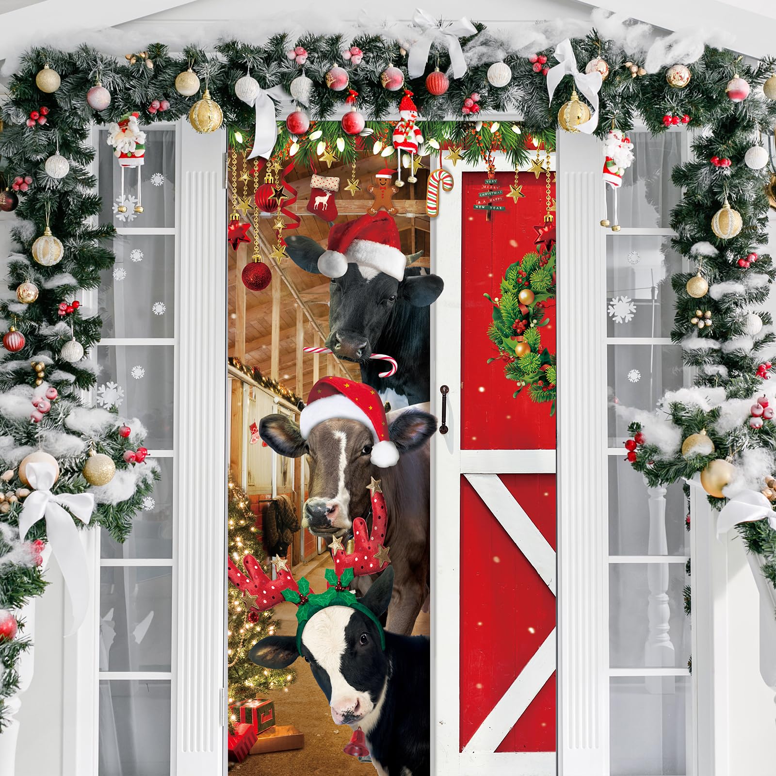 Zhanmai Cow Christmas Door Cover Decor Fabric Funny Merry Christmas Door Covers Decorations Xmas Party Santa Hanging Banner Backdrop Background for Front Door Holiday Winter New Year, 71 x 35 in