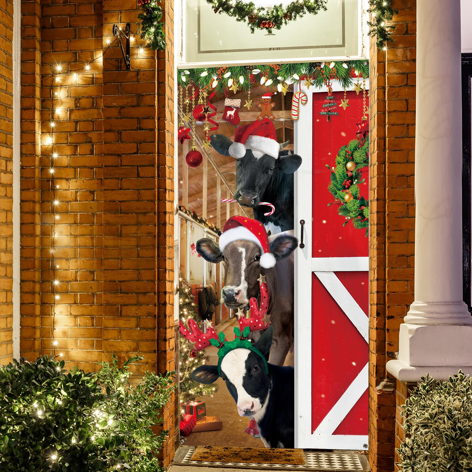 Zhanmai Cow Christmas Door Cover Decor Fabric Funny Merry Christmas Door Covers Decorations Xmas Party Santa Hanging Banner Backdrop Background for Front Door Holiday Winter New Year, 71 x 35 in