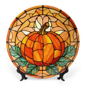 thanksgiving decorative plates for home decor, stained glass pumpkin & leaves decor tray for table display, ceramic dinner plate w/stand, living room dining room decor, housewarming gifts, 8 inch