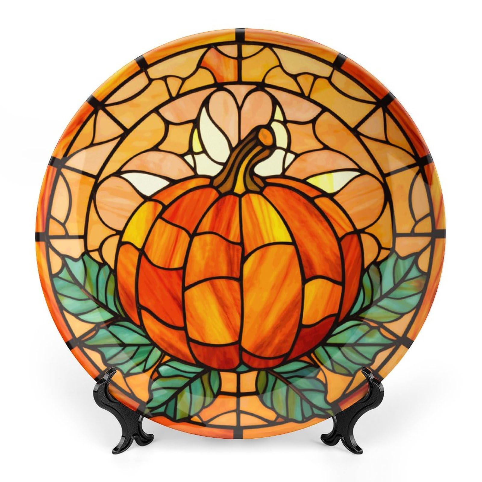 Thanksgiving Decorative Plates for Home Decor, Stained Glass Pumpkin & Leaves Decor Tray for Table Display, Ceramic Dinner Plate W/Stand, Living Room Dining Room Decor, Housewarming Gifts, 8 Inch