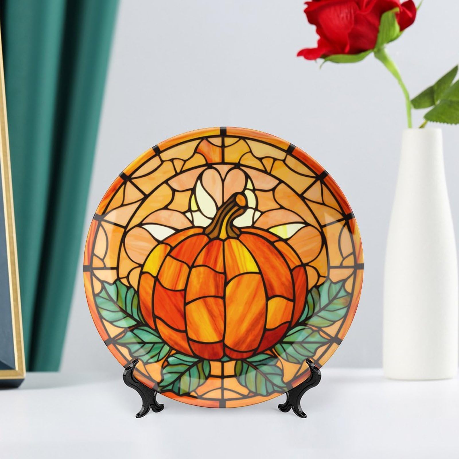 Thanksgiving Decorative Plates for Home Decor, Stained Glass Pumpkin & Leaves Decor Tray for Table Display, Ceramic Dinner Plate W/Stand, Living Room Dining Room Decor, Housewarming Gifts, 8 Inch