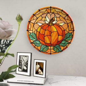 Thanksgiving Decorative Plates for Home Decor, Stained Glass Pumpkin & Leaves Decor Tray for Table Display, Ceramic Dinner Plate W/Stand, Living Room Dining Room Decor, Housewarming Gifts, 8 Inch