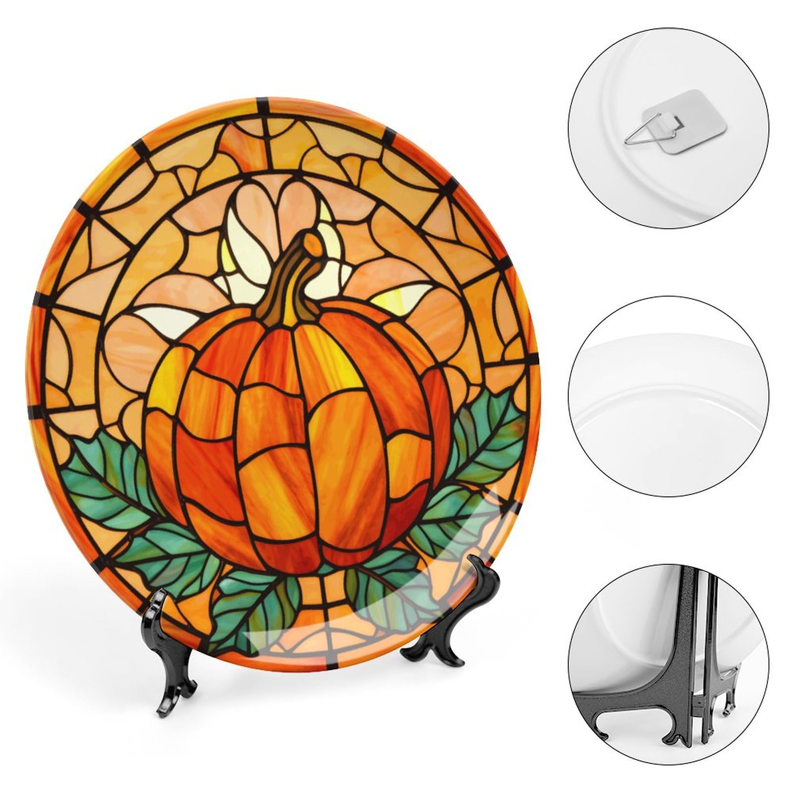 Thanksgiving Decorative Plates for Home Decor, Stained Glass Pumpkin & Leaves Decor Tray for Table Display, Ceramic Dinner Plate W/Stand, Living Room Dining Room Decor, Housewarming Gifts, 8 Inch