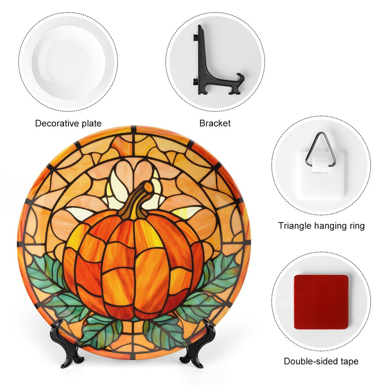 Thanksgiving Decorative Plates for Home Decor, Stained Glass Pumpkin & Leaves Decor Tray for Table Display, Ceramic Dinner Plate W/Stand, Living Room Dining Room Decor, Housewarming Gifts, 8 Inch