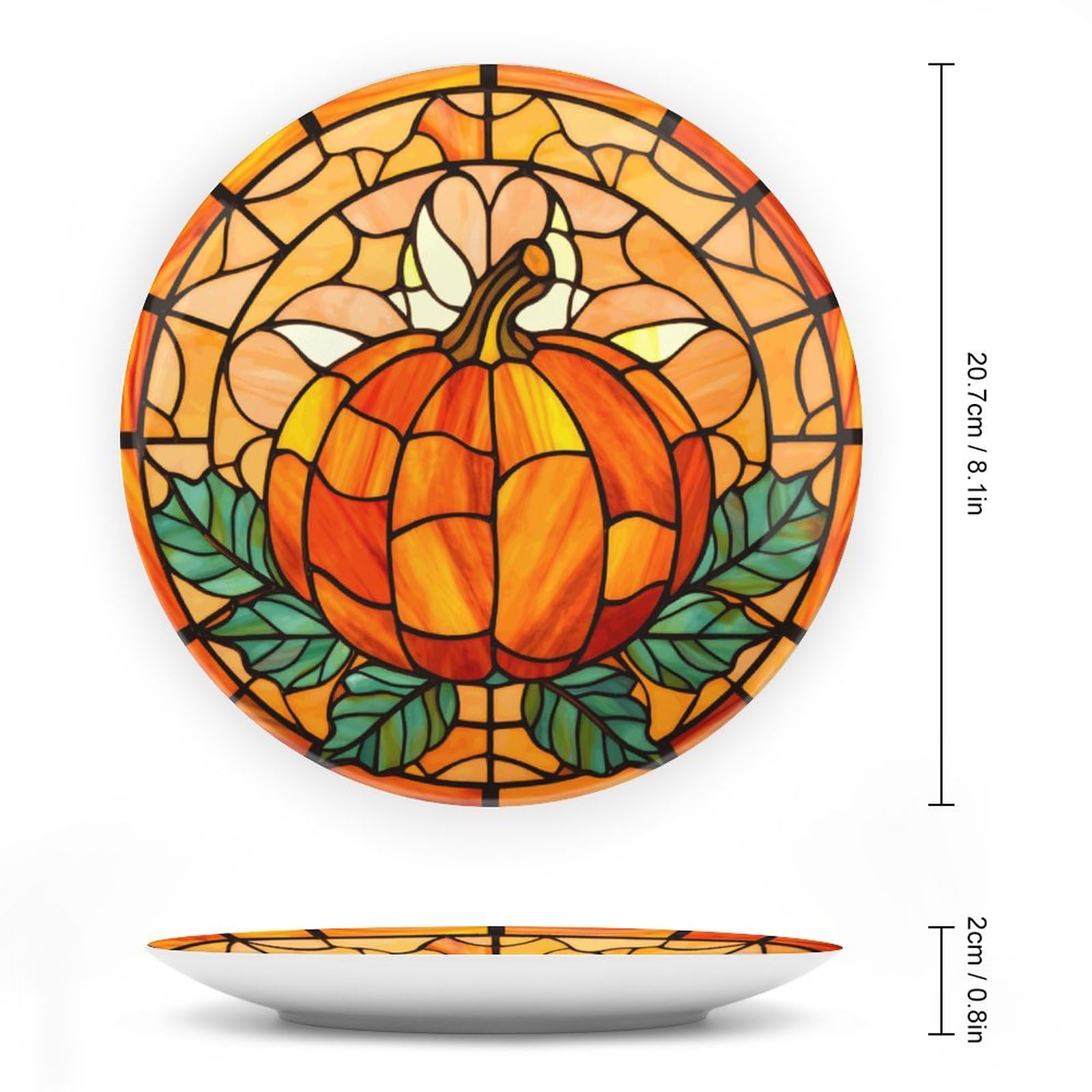 Thanksgiving Decorative Plates for Home Decor, Stained Glass Pumpkin & Leaves Decor Tray for Table Display, Ceramic Dinner Plate W/Stand, Living Room Dining Room Decor, Housewarming Gifts, 8 Inch