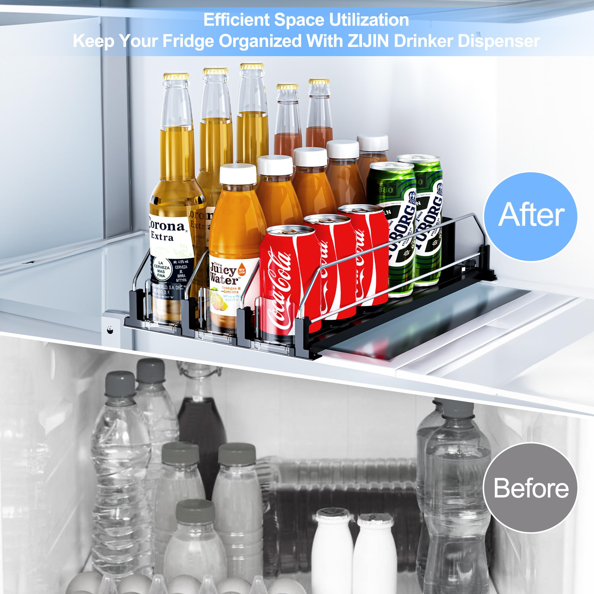 ZIJIN Drink Organizer for Fridge, 3 Rows Refrigerator Drink Organizers