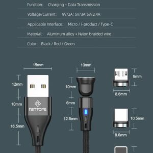 RETTOPS 540°, 7 pin Rotation USB Magnetic Charging Cable, 3 in 1 Charger [4-Pack, 3ft/3ft/6ft/6ft] 3A Fast Charging Cable Support Data Transfer Magnetic Charger Cable for iPhone/Micro USB/Type C