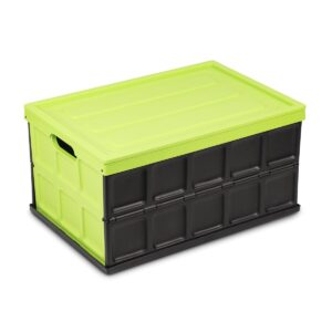 glad collapsible storage bin with lid - 48l foldable plastic box for garage, car trunk, and organization - stackable lidded container with handles, green