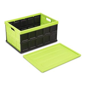 Glad Collapsible Storage Bin with Lid - 48L Foldable Plastic Box for Garage, Car Trunk, and Organization - Stackable Lidded Container with Handles, Green