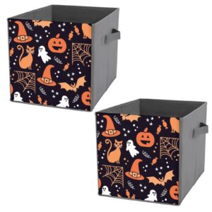 damtma halloween pumpkin ghost spider cube storage bin with handles foldable cute cat ghost 11 inch storage baskets toys organization for home room closet shelves set of 2