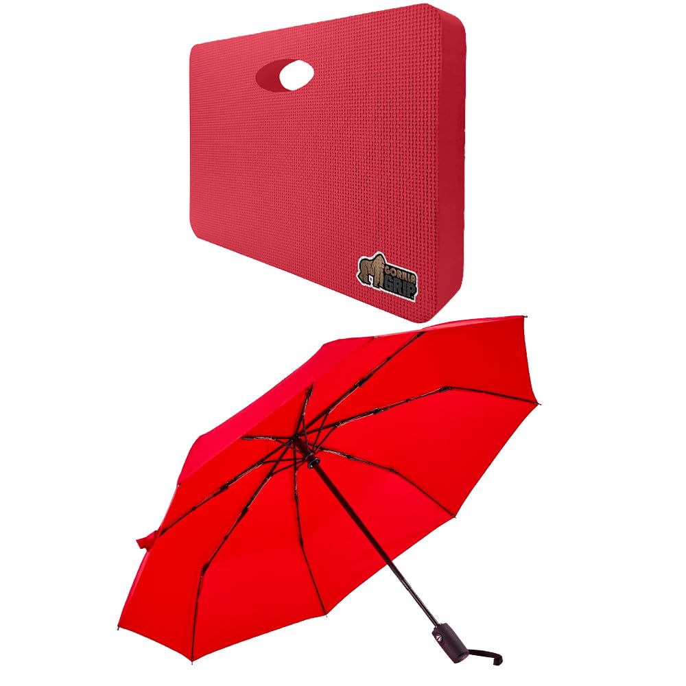 Gorilla Grip Kneeling Pad and Umbrella, Cushioning for Knee in 17.5x11 Inch Lightweight in Red, Umbrella for Rain One-Click Automatic in Red, 2 Item Bundle