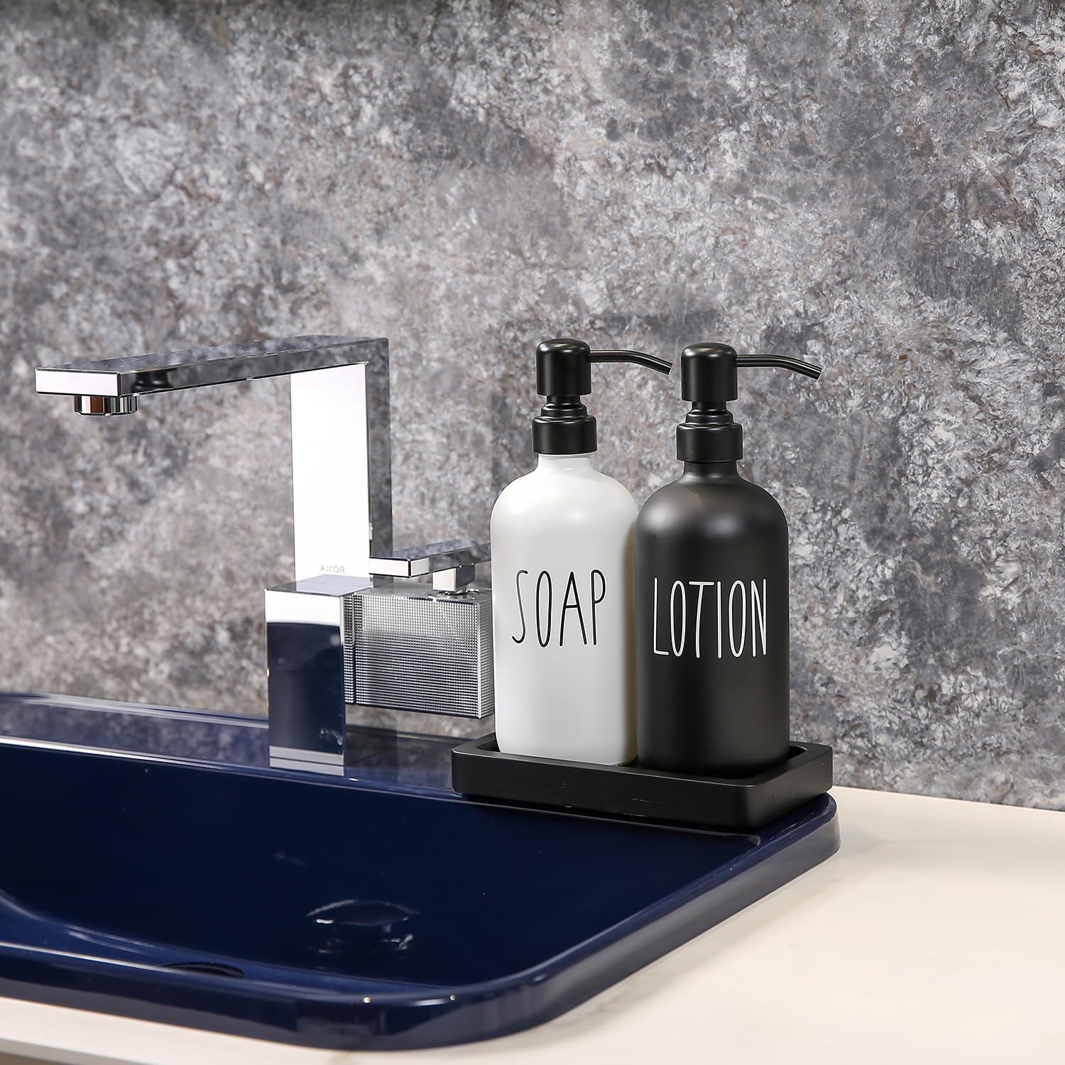 Prus Waso Soap Dispenser Set, Bathroom Countertop Soap Dispensers with Stainless Steel Pump and Black Tray, Perfect for Black and White Bathroom Decor. (Black & White)