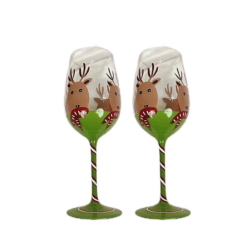 Christmas Theme Wine Glasses Crystal Glass Hand Painted Wine Glasses Champagne Glasses Christmas Gift - Set of 2 (Christmas Reindeer)