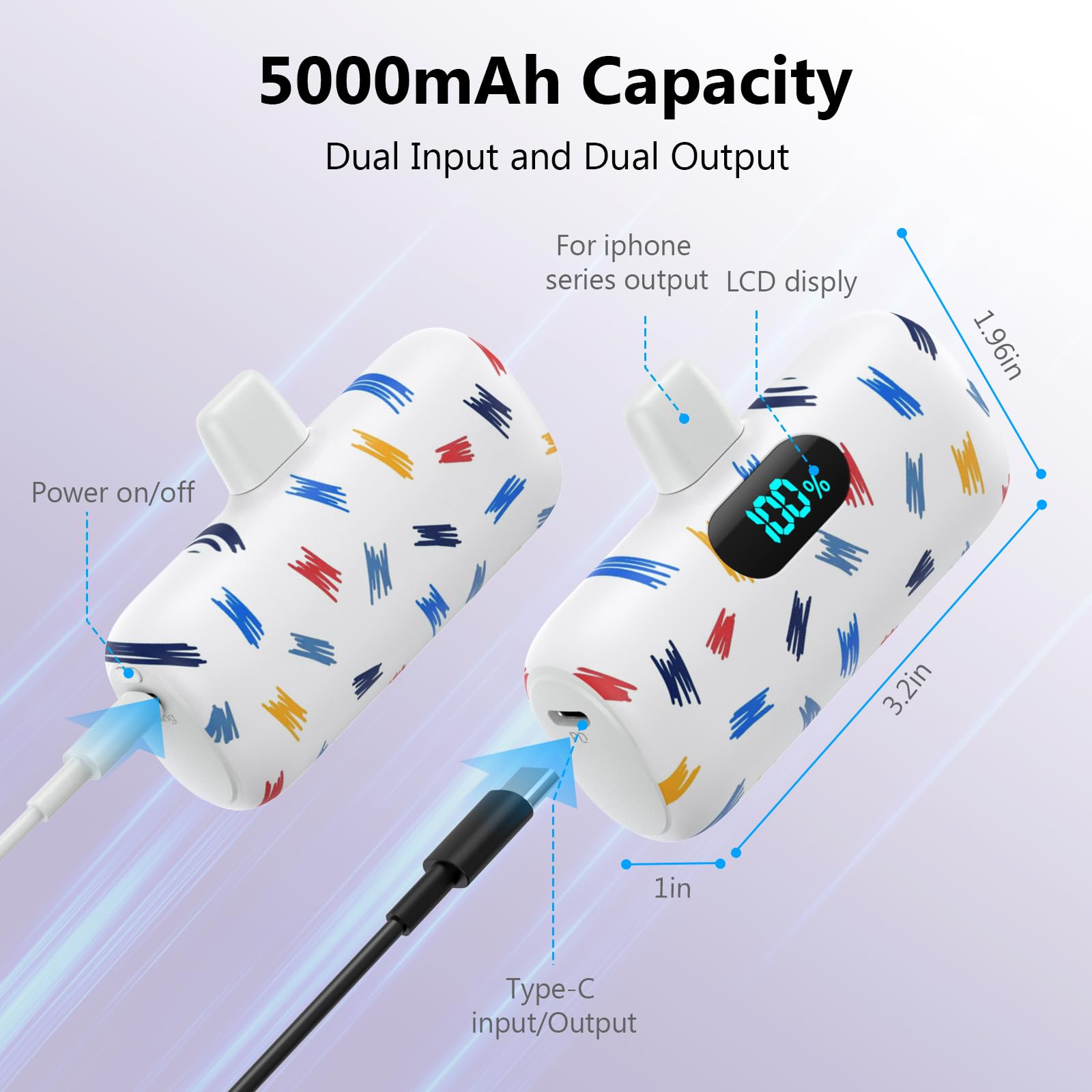 Small Portable Charger for iPhone,5000mAh Colorful Mini Power Bank,PD Fast Charging Portable Phone Charger,LCD Display Cute Battery Pack Compatible with iPhone 14/14 Pro Max/13 Pro/12/11/X/8/7/6 etc