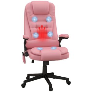 homcom high back vibration massage office chair with 6 vibration points, heated reclining pu leather computer chair with armrest and remote, pink