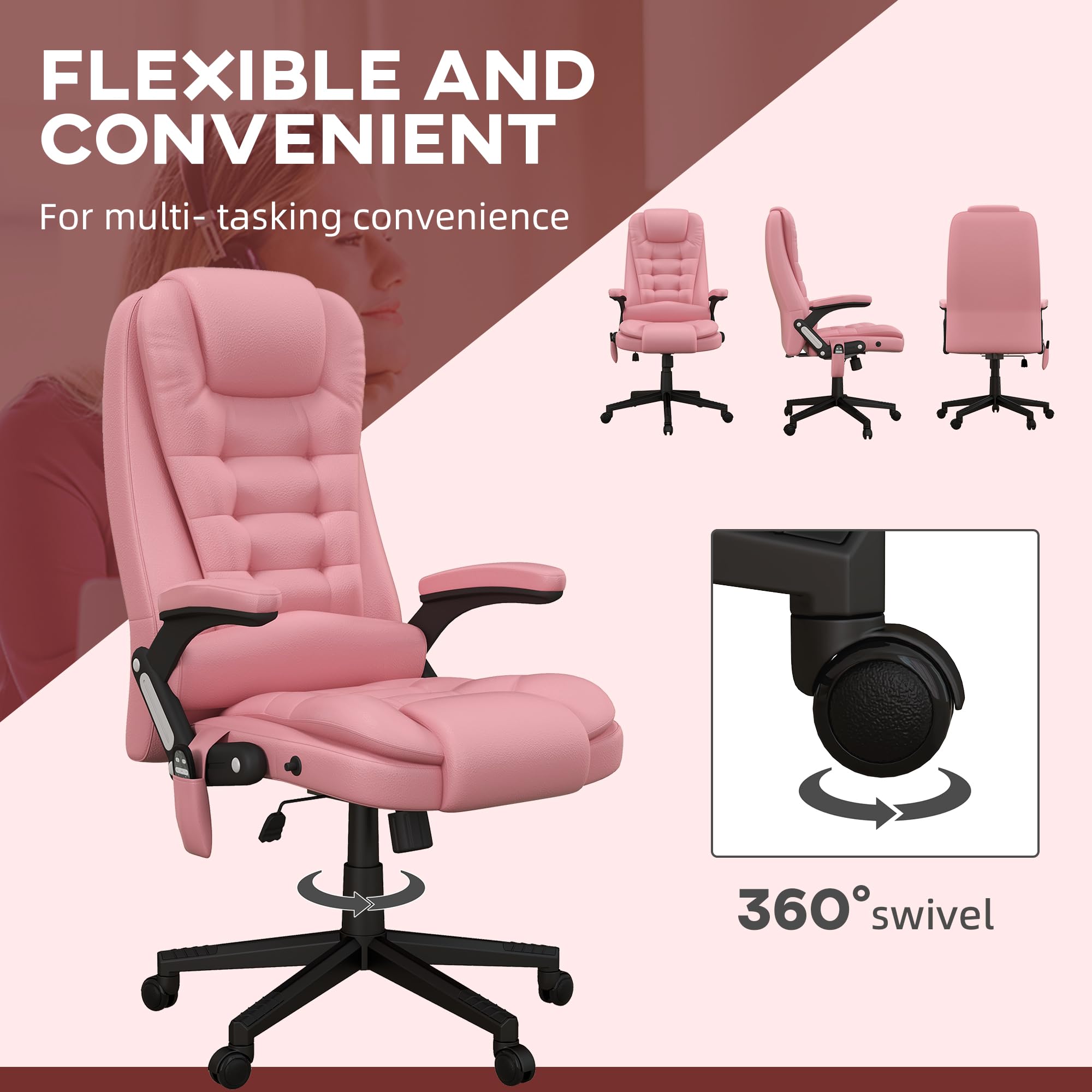 HOMCOM High Back Vibration Massage Office Chair with 6 Vibration Points, Heated Reclining PU Leather Computer Chair with Armrest and Remote, Pink