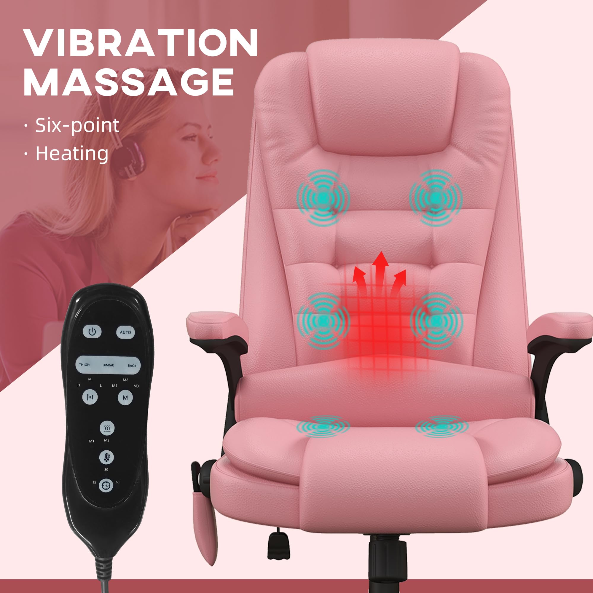 HOMCOM High Back Vibration Massage Office Chair with 6 Vibration Points, Heated Reclining PU Leather Computer Chair with Armrest and Remote, Pink