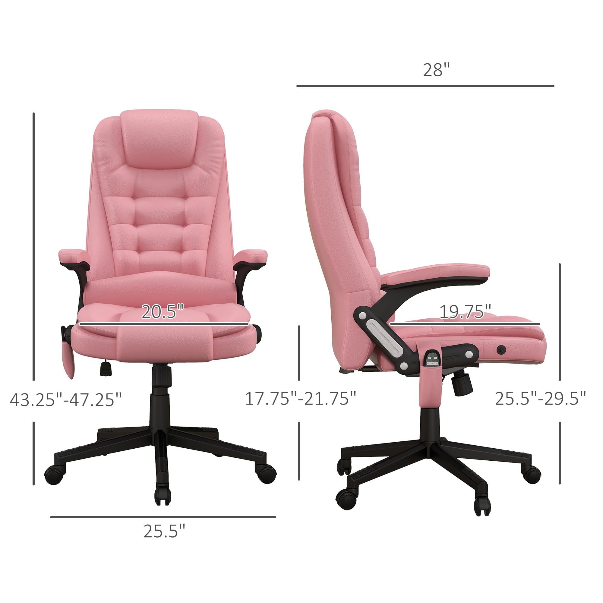 HOMCOM High Back Vibration Massage Office Chair with 6 Vibration Points, Heated Reclining PU Leather Computer Chair with Armrest and Remote, Pink