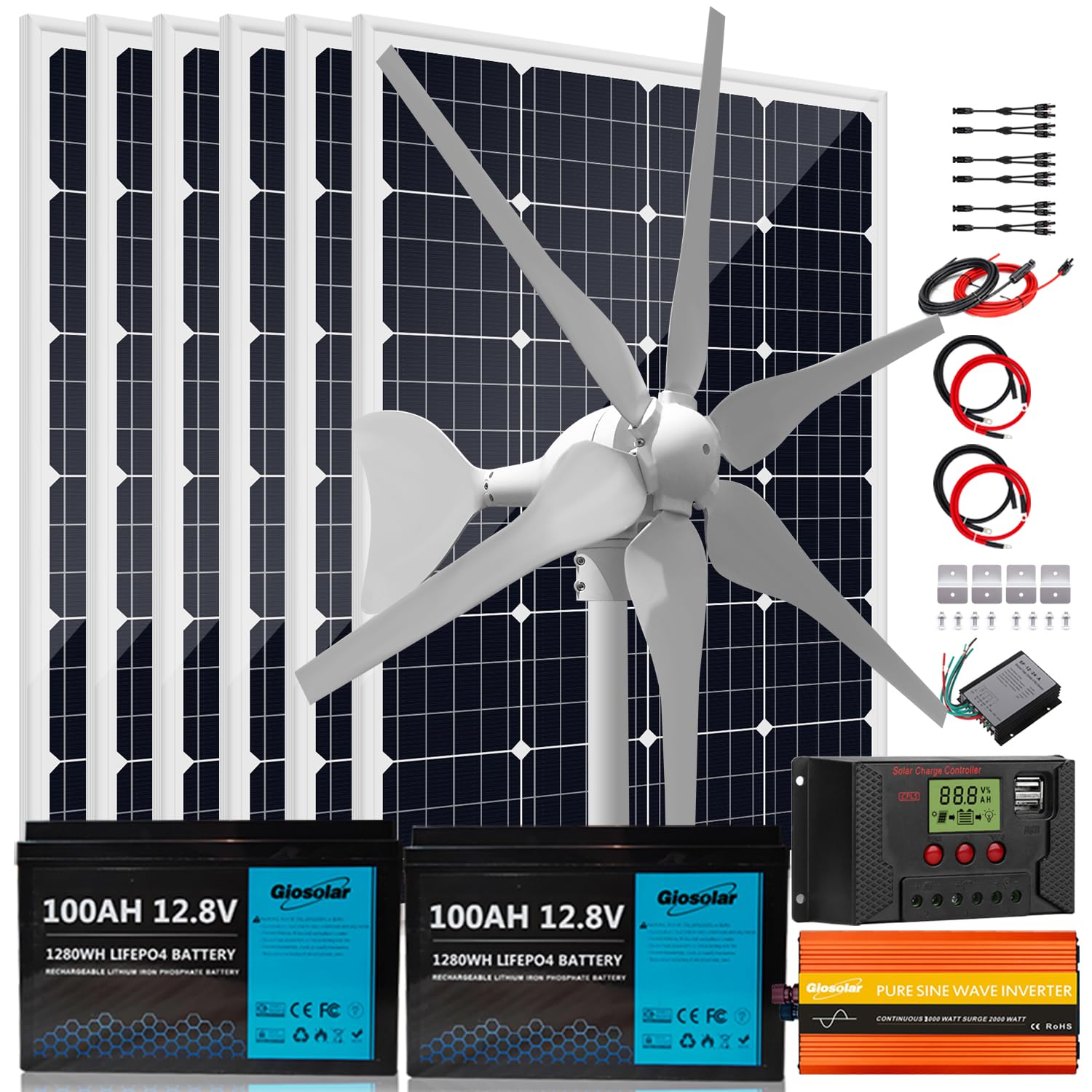 1120W 24V Solar Wind Power Kit Home Off-Grid System for Charging Battery：2X 100AH Lithium Battery + 400W Wind Turbine Generator + 6X 120W Mono Solar Panel+ Charge Controller + 3000W Inverter