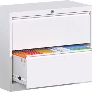 Greenvelly White File Cabinet 2 Drawer, Lateral Filing Cabinet with Lock